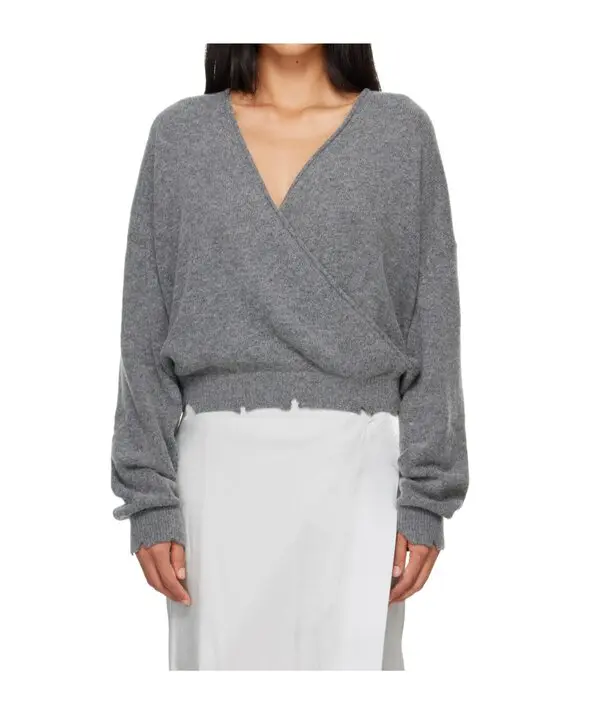 OPEN YY Wool-blend Crossover Wrap-style Knit Sweater - Grey