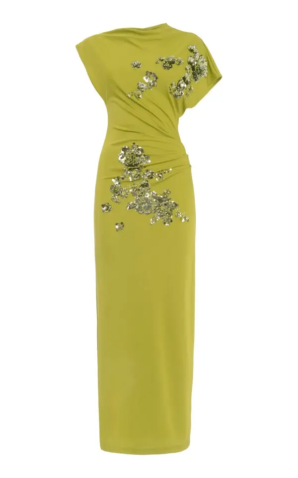 DES_PHEMMES Asyymmetrical Embellished Maxi Dress - Green