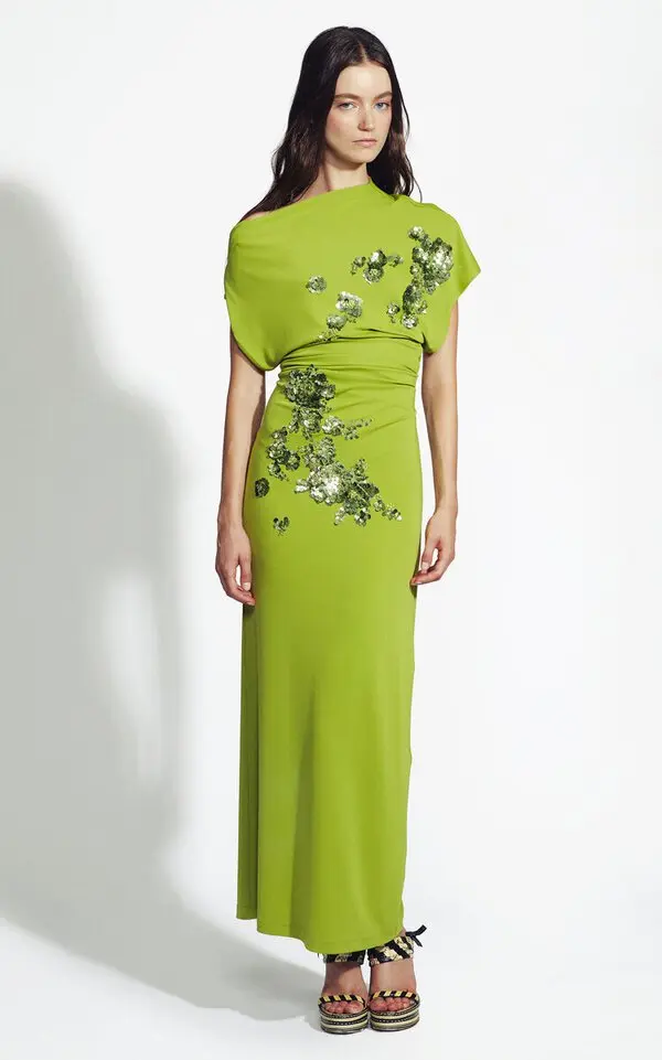DES_PHEMMES Asyymmetrical Embellished Maxi Dress - Green