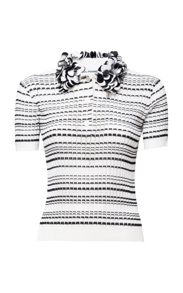 DES_PHEMMES Embellished Ribbed Knit Polo Shirt