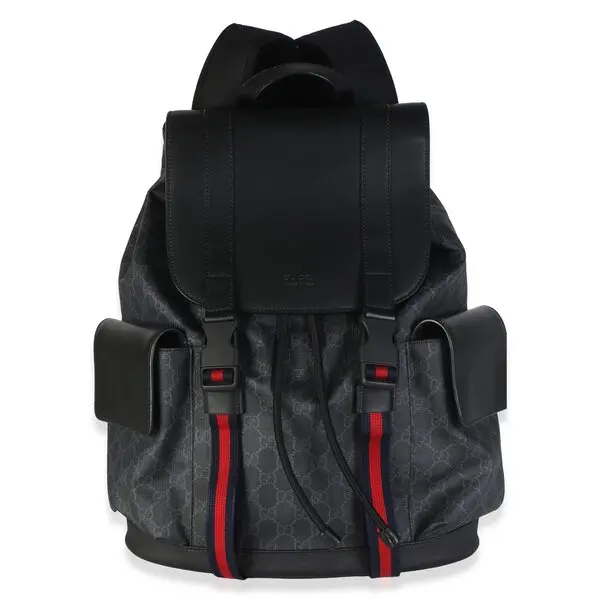 Gucci Soft Gg Supreme Canvas Calfskin Web Double Buckle Backpack - Black