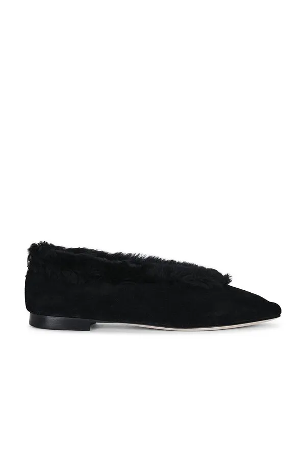 JIMMY CHOO Suede Shearling Margot Flat - Black