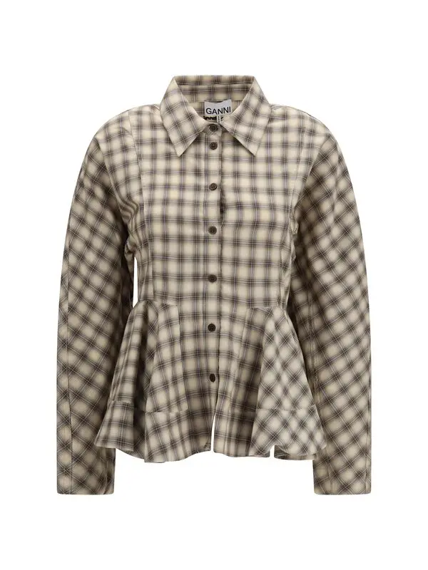 GANNI Check Flannel Peplum Shirt - Cream