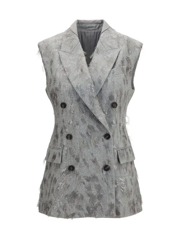 Brunello Cucinelli Gilet In Virgin Wool And Cashmere Twill Flannel With Dazzling Lynx Embroidery - Gray