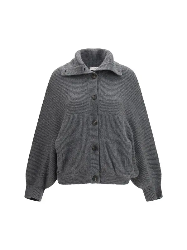 Brunello Cucinelli High Neck Cashmere Cardigan - Gray