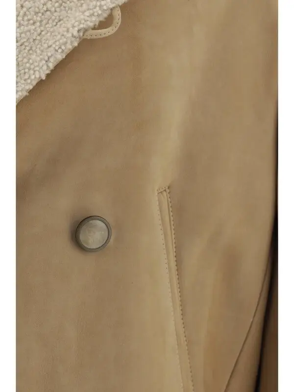 Brunello Cucinelli Curly Suede Shearling Pea Coat With Shawl Collar