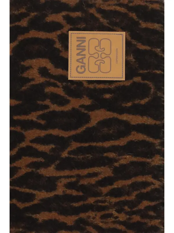 GANNI Leopard Print Wool Scarf With Logo And Fringes - Brown