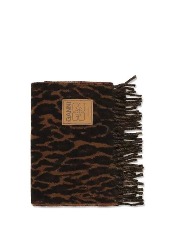 GANNI Leopard Print Wool Scarf With Logo And Fringes - Brown