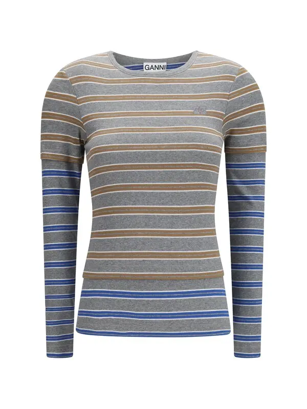 GANNI Double-sleeve Striped Cotton T-shirt - Gray