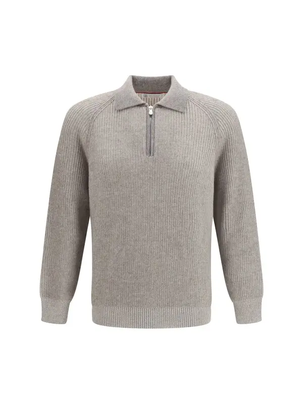 Brunello Cucinelli Cashmere Milano Stitch Polo Sweater With Zip - Gray