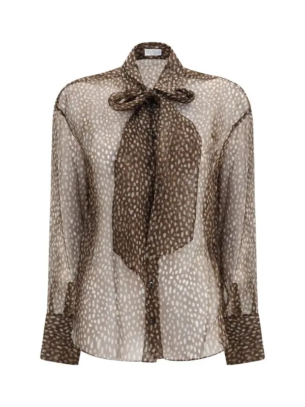 Brunello Cucinelli Dapple Silk Organza Shirt With Neck Tie - Brown