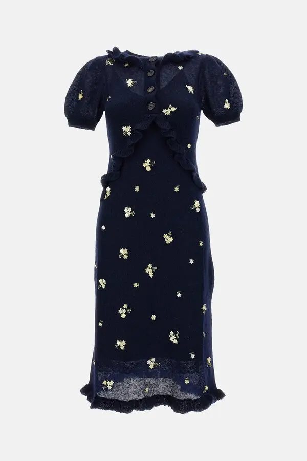 SHUSHU/TONG Abito Maniche Corte In Maglia Con Bordi In Pizzo - Blue