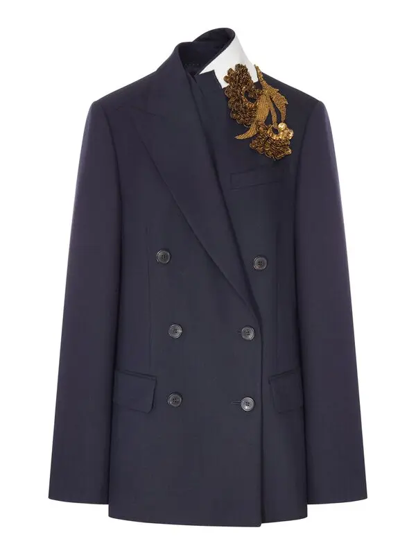 Dries Van Noten Navy Double-breasted Blazer With Jewel Applique