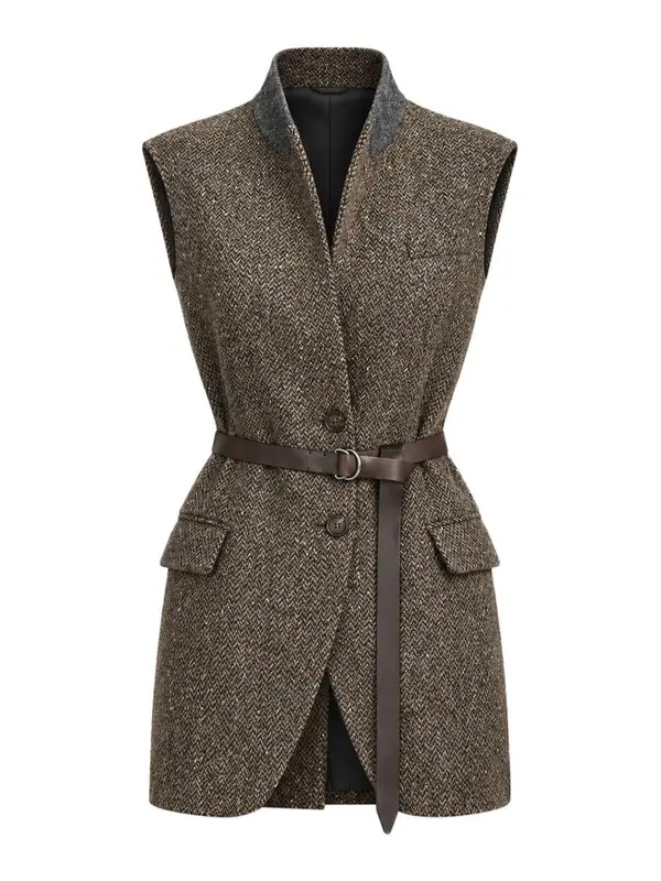 Brunello Cucinelli Sparkling Virgin Wool Chevron Vest With Leather And Monile Belt - Brown