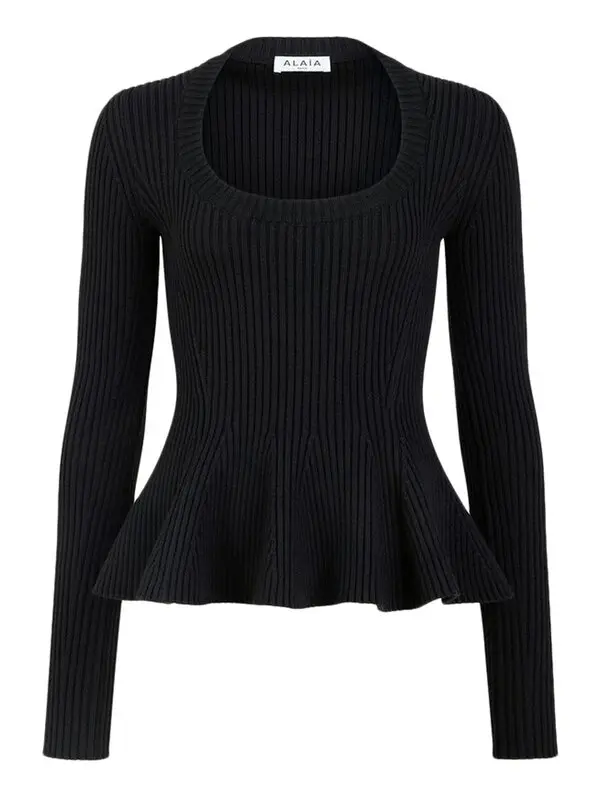 Alaïa Ribbed Peplum Top - Black