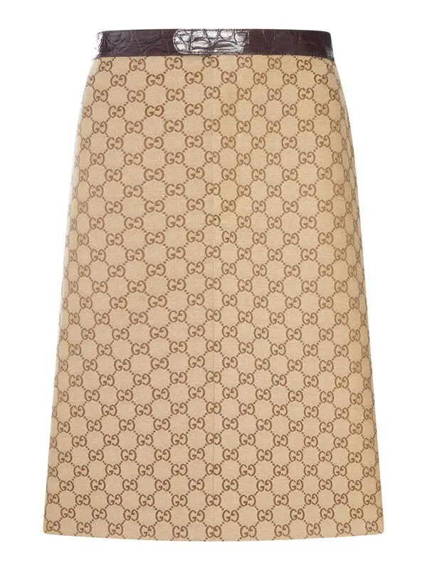 Gucci Gg Canvas Midi Skirt With Caiman Leather Inserts - Brown