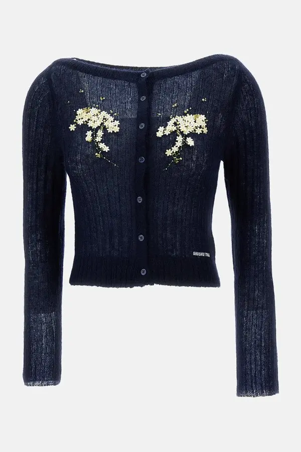 SHUSHU/TONG Cardigan In Maglia Con Ricamo Floreale In Perline - Blu
