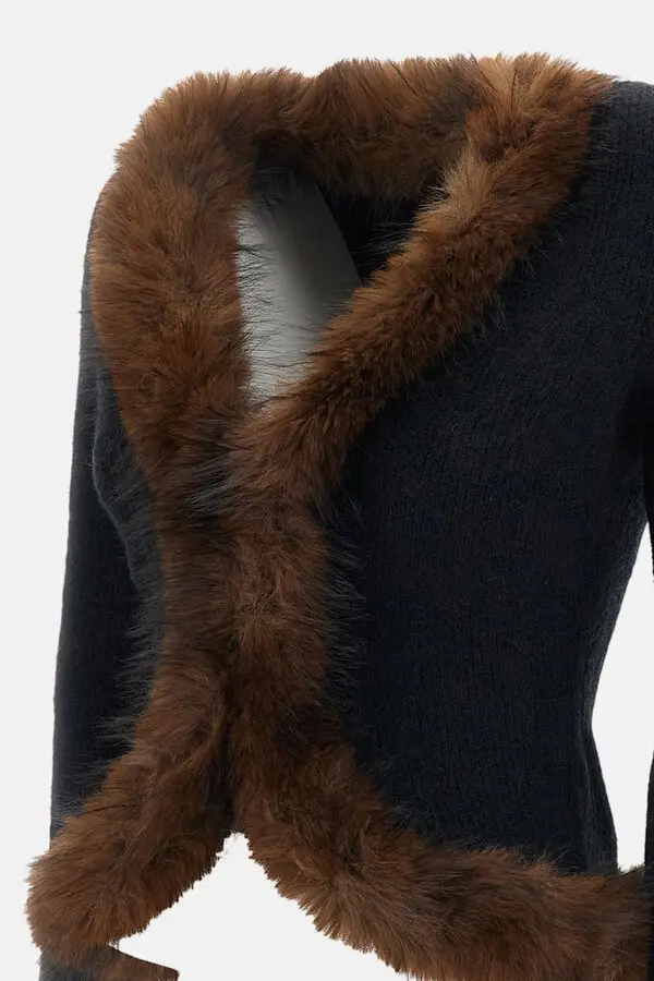 SELF-PORTRAIT Cardigan In Maglia Con Profili In Ecopelliccia