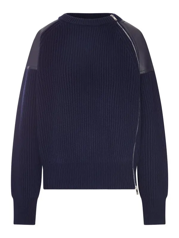 Bottega Veneta Sweater With Leather Inserts And Side Zip - Blue