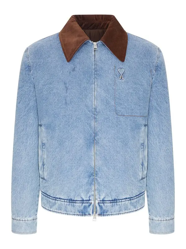 AMI Paris De Coeur Denim Jacket With Contrast Collar - Blue
