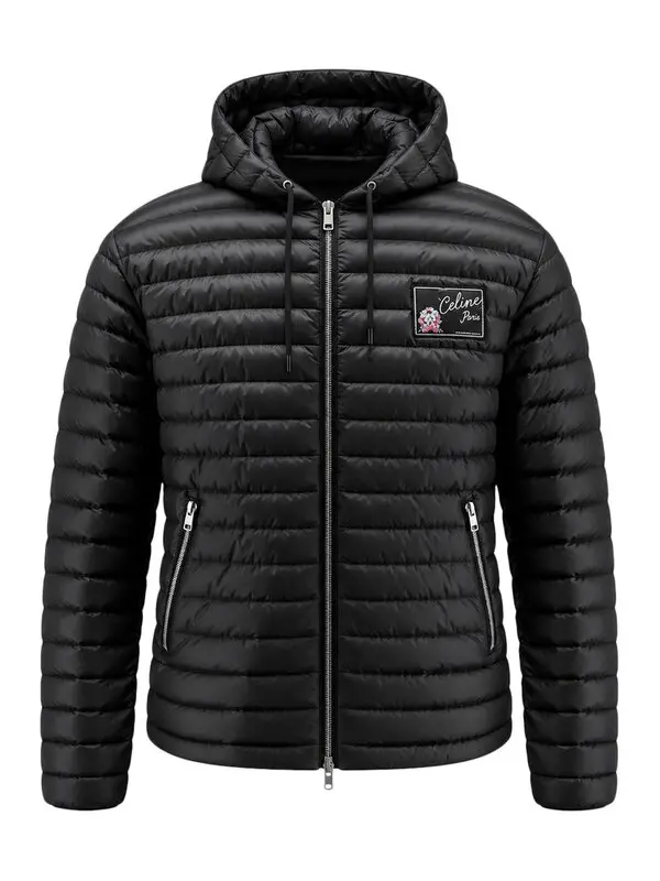 Celine Hooded Down Jacket With Logo Patch - Black
