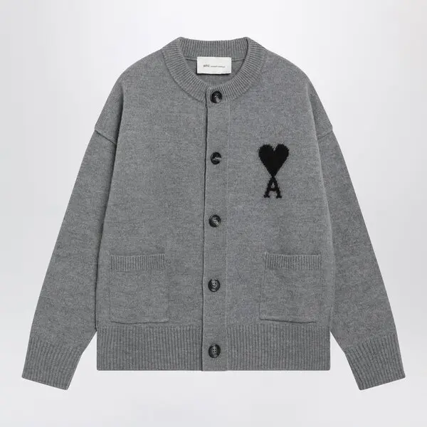 AMI Paris Grey De Coeur Wool Cardigan