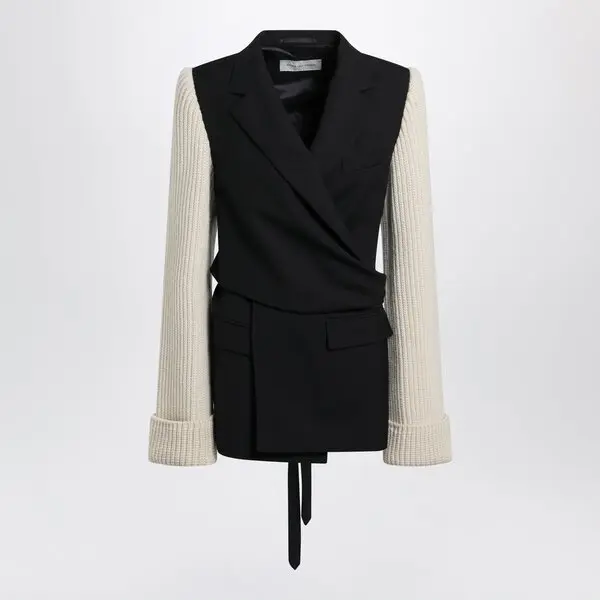 Dries Van Noten White Jacket With Ribbed Knit Sleeves - Black