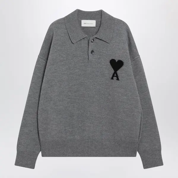 AMI Paris Grey De Coeur Wool Polo Sweater