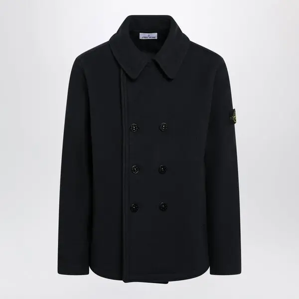 Stone Island Navy Double-breasted Coat In Wool And Cashmere