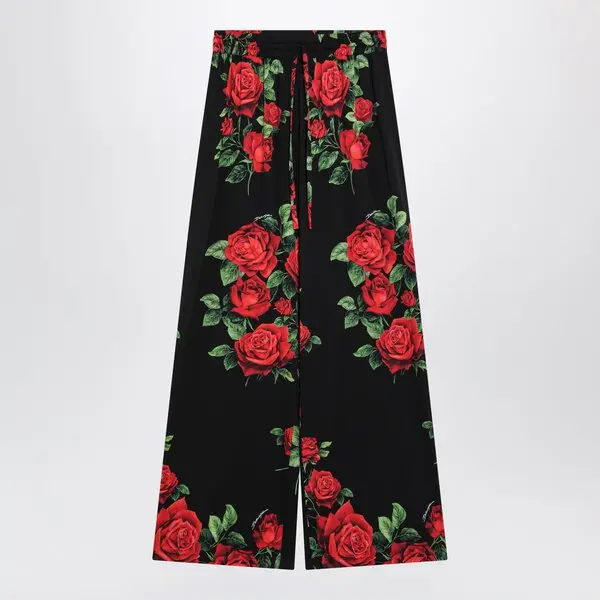 Dolce & Gabbana Silk Trousers With Floral Print - Black