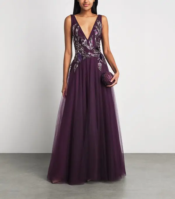 Costarellos Embroidered Tulle Vianna Gown