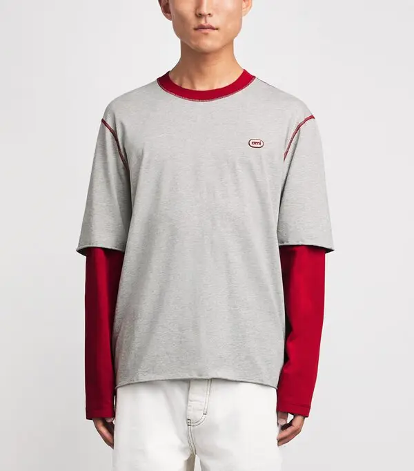 AMI Paris Cotton Double-sleeve Logo T-shirt