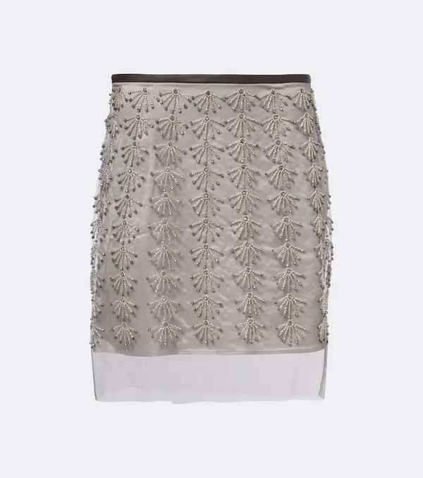 JACQUES WEI Beaded Leather-trimmed Mesh Miniskirt