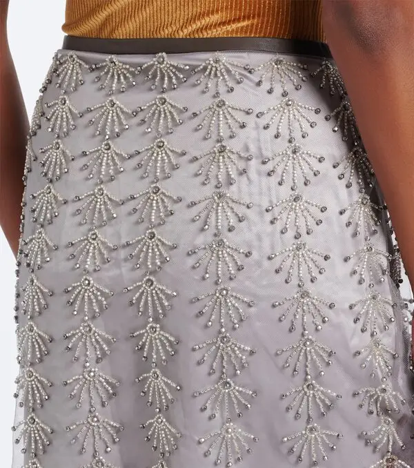 JACQUES WEI Beaded Leather-trimmed Mesh Miniskirt