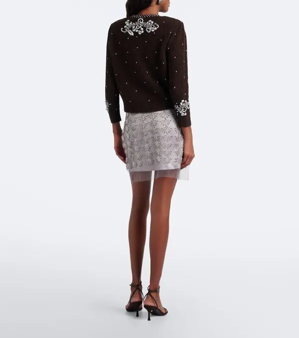JACQUES WEI Beaded Leather-trimmed Mesh Miniskirt
