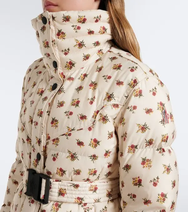 Moncler Floral Belted Down Ski Jacket - Beige