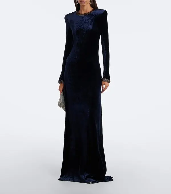 Ralph Lauren Nancie Leather-trimmed Velour Gown