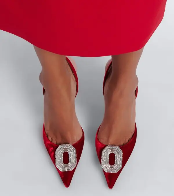 Amina Muaddi Camelia Embellished Velvet Slingback Pumps - Red
