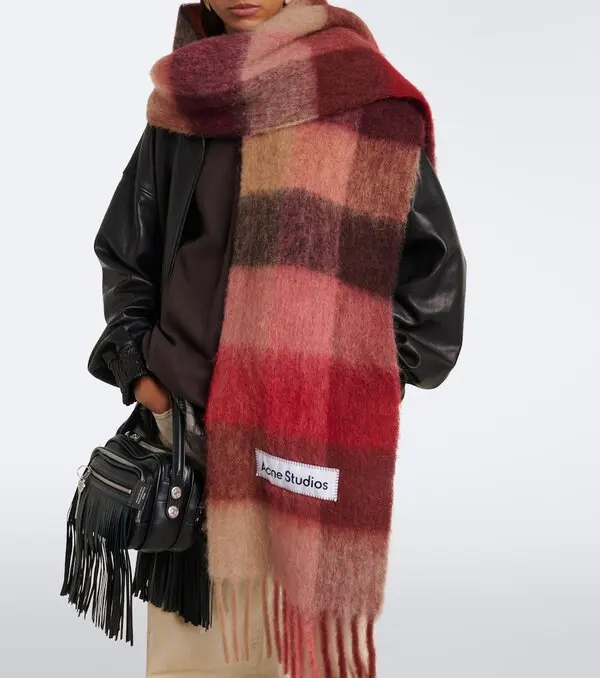 Acne Studios Checked Alpaca, Wool, And Mohair-blend Scarf - Pink