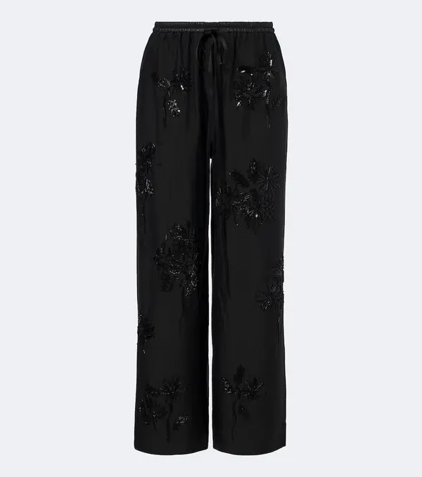 JACQUES WEI Embellished Leather-trimmed Wide-leg Pants