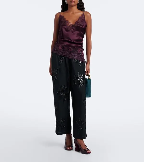 JACQUES WEI Embellished Leather-trimmed Wide-leg Pants