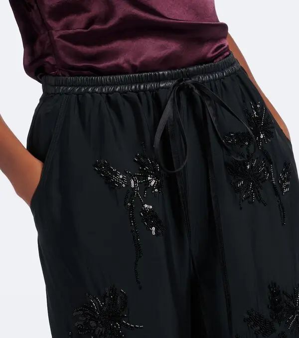 JACQUES WEI Embellished Leather-trimmed Wide-leg Pants