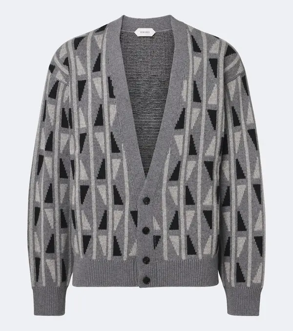 Versace Jacquard Wool And Cashmere Cardigan - Grey