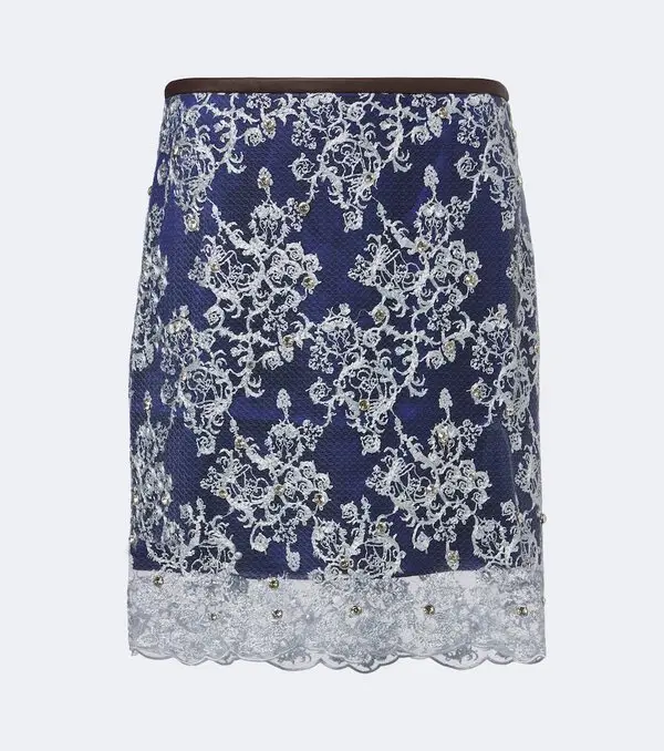 JACQUES WEI Embellished Leather-trimmed Lace Miniskirt