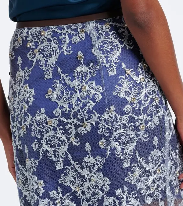 JACQUES WEI Embellished Leather-trimmed Lace Miniskirt