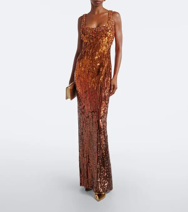 Jenny Packham Rosalie Embellished Sequined Gown - Orange