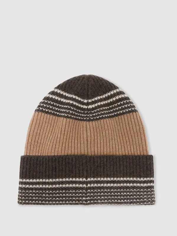 REISS Freya Wool-blend Striped Rib-knit Beanie - Chocolate