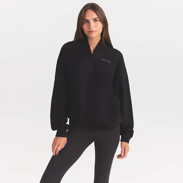 SKIMS Mock Neck Quarter Zip With Embossed Logo | Black | | Cotton Fleece - Onyx