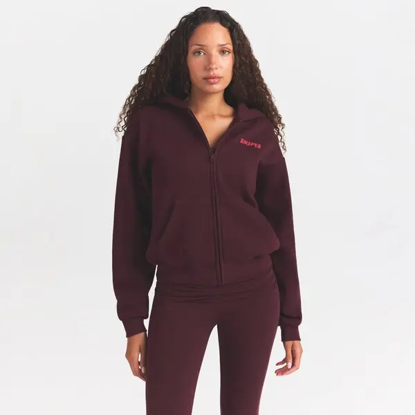 SKIMS Zip Up Hoodie With Embossed Logo | Grey | | Cotton Fleece - Currant