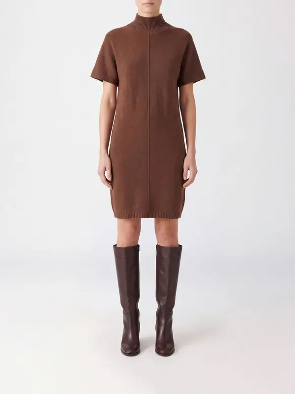 Federica Tosi Knit Sheath Mini Dress In Wool And Cashmere With Mock Neck - Brown